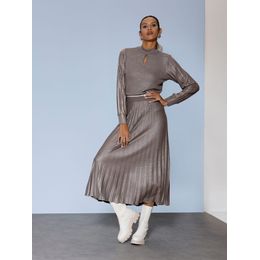 CR&Eacute;ATION L Langarmshirt CREATION L "Stehkragen-Shirt", Damen, Gr. 42, dunkeltaupe, silberfarben, 63% Polyester, 33% Viskose, 4% Elasthan, gemustert, unifarben, Shirts Langarmshirt