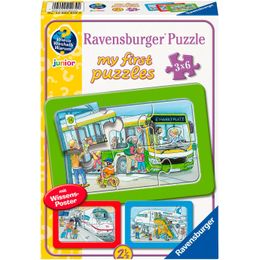 Rahmenpuzzle Ravensburger "Wieso? Weshalb? Warum? Unterwegs mit Bus, Bahn und Flugzeug", bunt, Puzzles, KinderB:21cm H:15cm, Pappe, Made in Europe, B:21cm H:15cm