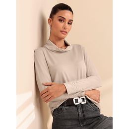 Langarmshirt Heine "Shirt", Damen, Gr. 34, beige (sesam), 95% Viskose, 5% Elasthan, unifarben, Wasserfallausschnitt, Shirts Langarmshirt