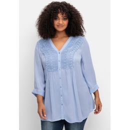 Crepebluse sheego by Joe Browns, Damen, Gr. 44, blau (himmelblau), 100% Viskose, Spitze:100% Baumwolle, unifarben, V-Ausschnitt, Blusen