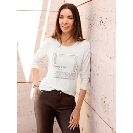 Langarmshirt Heine "Langarm-Shirt", Damen, Gr. 50, wei&szlig; (ecru), 95% Viskose, 5% Elasthan, bedruckt, gemustert, mehrfarbig, Rundhals, Shirts Langarmshirt