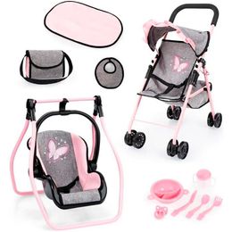 Puppenbuggy BAYER "Set mit Tasche", rosa (grau, rosa schmetterling), Puppenwagen, KinderB:43cm H:52cm T:26,5cm, B:43cm H:52cm T:26,5cm