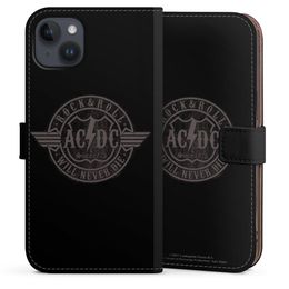 DeinDesign iPhone 14 Plus Handy Klapph&uuml;lle Handyh&uuml;lle aus Kunst Leder schwarz Flip Case Rock Acdc Merchandise Sideflip mit langer Lasche