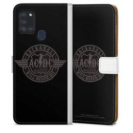DeinDesign Galaxy A21s Handy Klapph&uuml;lle Handyh&uuml;lle aus Kunst Leder wei&szlig; Flip Case Rock Acdc Merchandise Sideflip mit Lasche