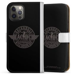 DeinDesign iPhone 12 Pro Max Handy Klapph&uuml;lle Handyh&uuml;lle aus Kunst Leder wei&szlig; Flip Case Rock Acdc Merchandise Sideflip mit Lasche