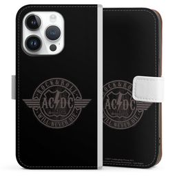 DeinDesign iPhone 14 Pro Handy Klapph&uuml;lle Handyh&uuml;lle aus Kunst Leder wei&szlig; Flip Case Rock Acdc Merchandise Sideflip mit Lasche