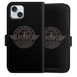 DeinDesign iPhone 15 Handy Klapph&uuml;lle Handyh&uuml;lle aus Kunst Leder schwarz Flip Case Rock Acdc Merchandise Sideflip mit Lasche