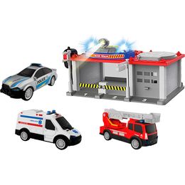 Spiel-Parkgarage Happy People "SOS Station", bunt, Fahrzeug-Spielwelten, KinderB:36cm H:22cm T:22cm, Kunststoff, inkl. 3 Fahrzeuge; mit Licht- und Soundeffekten, B:36cm H:22cm T:22cm
