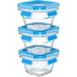 Frischhaltedose Emsa "N10507 Clip & Close Glas", blau, B:10,6cm H:6,9cm L:10,6cm, Glas, Kunststoff, Lebensmittelaufbewahrungsbeh&auml;lter, Frischhaltedose, 3 x 0,18L, gefrierfest, backofenfest, mikrowellenfest, 100% dicht