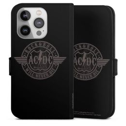 DeinDesign iPhone 14 Pro Handy Klapph&uuml;lle Handyh&uuml;lle aus Kunst Leder schwarz Flip Case Rock Acdc Merchandise Sideflip mit langer Lasche