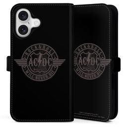 DeinDesign iPhone 16 Handy Klapph&uuml;lle Handyh&uuml;lle aus Kunst Leder schwarz Flip Case Rock Acdc Merchandise Sideflip mit Lasche