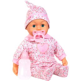 Babypuppe BAYER "First Words Baby, 38 cm, Herzen rosa", rosa (herzen rosa), Puppen, Baby, mit Schlafaugen und Babyger&auml;uschen