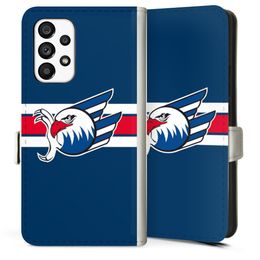 DeinDesign Galaxy A53 5G Handy Klapph&uuml;lle Handyh&uuml;lle aus Kunst Leder wei&szlig; Flip Case Adler Mannheim Ice Hockey Logo Sideflip mit Lasche