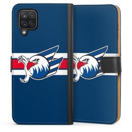 DeinDesign Galaxy A12 Handy Klapph&uuml;lle Handyh&uuml;lle aus Kunst Leder schwarz Flip Case Ice Hockey Adler Mannheim Logo Sideflip mit langer Lasche