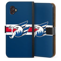 DeinDesign Galaxy XCover 6 Pro Handy Klapph&uuml;lle Handyh&uuml;lle aus Kunst Leder schwarz Flip Case Adler Mannheim Ice Hockey Logo Sideflip mit langer Lasche