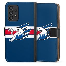DeinDesign Galaxy A53 5G Handy Klapph&uuml;lle Handyh&uuml;lle aus Kunst Leder schwarz Flip Case Adler Mannheim Ice Hockey Logo Sideflip mit langer Lasche