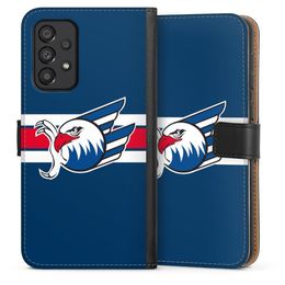 DeinDesign Galaxy A33 5G Handy Klapph&uuml;lle Handyh&uuml;lle aus Kunst Leder schwarz Flip Case Ice Hockey Adler Mannheim Logo Sideflip mit langer Lasche