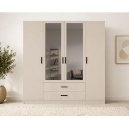 Kleiderschrank OTTO HOME "TERRIK, modern mit viel Stauraum & geriffelter Struktur, Spiegel", cashmere, beige, B:200cm H:200,4cm T:56cm, FSC-zertifizierter Holzwerkstoff, MDF, Schr&auml;nke, Kleiderschrank, Schrank mit 11 F&auml;chern, Kleiderstange, 2 Schubladen, Made in EU