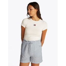Shorts Tommy Jeans "TJW COTTON LINEN SHORT", Damen, Gr. L (40), N-Gr, blau (colorado blau, stripe), Web, Obermaterial: 75% Baumwolle, 25% Leinen, gestreift, normal kurz, Hosen Shorts, mit R&uuml;sche