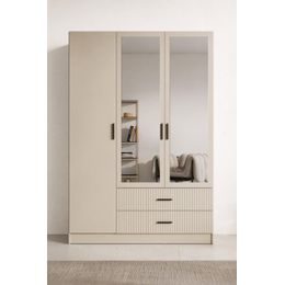 Kleiderschrank OTTO HOME "TERRIK, modern mit viel Stauraum & geriffelter Struktur, Spiegel", cashmere, beige, B:150cm H:200,4cm T:56cm, FSC-zertifizierter Holzwerkstoff, MDF, Schr&auml;nke, Kleiderschrank, Garderobe mit 6 F&auml;chern, Kleiderstange, 2 Schubladen, Made in EU