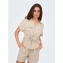 Jacqueline de Yong Kurzarmbluse JDY "JDYMILLE S/S ZIP SHIRT WVN NOOS", Damen, Gr. S, beige (sandshell), Web, Obermaterial: 70% Viskose, 30% Nylon, unifarben, normal, V-Ausschnitt, mit Aufschlag, Blusen