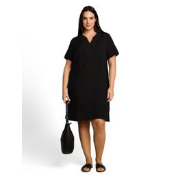 Blusenkleid Tom Tailor PLUS, Damen, Gr. 46, N-Gr, deep schwarz, Web, Obermaterial: 82% Viskose, 18% Polyamid, unifarben, l&auml;ssig geschnitten knielang, Rundhals, abgesteppte Kante, Kleider Blusenkleid, Sommerkleid mit Split Neck