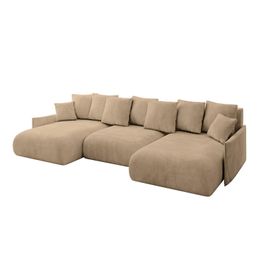 WOHNLANDSCHAFT mit Schlaffunktion und Bettkasten ONESK-U-v1 317x177x72 Beige Velours