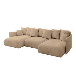 WOHNLANDSCHAFT mit Schlaffunktion und Bettkasten ONESK-U 317x177x72 Beige Velours