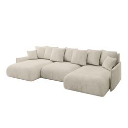 WOHNLANDSCHAFT mit Schlaffunktion und Bettkasten ONESK-U-v1 317x177x72 Ecru Velours
