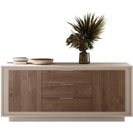 Sideboard Home Affaire "Sky, B/T 180/50 cm, Kommode/Stauraumschrank, 2 T&uuml;ren, 3 Schubk&auml;sten", cashmere, mercure dekor holzstruktur, B:180cm H:80cm T:50cm, Holzwerkstoff, Sideboards, Sideboard, Softclosing, Korpus & Front 22 mm stark, Rahmen-Optik, Metallgriffe