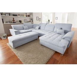 Wohnlandschaft DOMO collection "FRANZI 344x206x81 cm, elegant, komfortabel", blau (pastelblau), Sofas, B/H/T: 344cm x 81cm x 206cm, Chenille, Recamiere rechts, ohne Funktion, Flachgewebe (100% Polyester);Chenille (100% Polyester), Wohnlandschaft, U-Form, Recamiere rechts, pastelblau, B/T: 344/206 cm, B:344cm H:81cm T:206cm