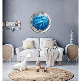 Wandsticker queence "3D Bullauge Illusion Unterwasserwelt Delfine 40x40 cm", silberfarben 1, &Oslash;:40cm, Vinyl, Wandtattoos, Selbstklebender Wanddurchbruch Unterwasser