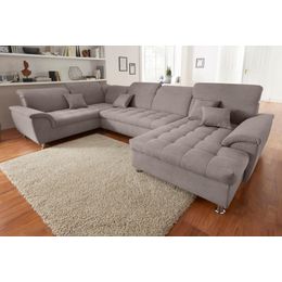 Wohnlandschaft DOMO collection "FRANZI 344x206x81 cm, elegant, komfortabel", grau (taupe), Sofas, B/H/T: 344cm x 81cm x 206cm, Chenille, Recamiere rechts, ohne Funktion, Flachgewebe (100% Polyester);Chenille (100% Polyester), Wohnlandschaft, U-Form, Recamiere rechts, taupe, B/T: 344/ 206 cm, B:344cm H:81cm T:206cm