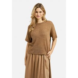 Rundhalspullover Milano Italy, Damen, Gr. L, braun (toffee), Strick, Material: 44% Leinen, 31% Baumwolle, 25% Polyamid, unifarben, oversize normal, Rundhals, Fledermaus&auml;rmel gerader Abschluss, Pullover Rundhalspullover, mit &uuml;berschnittenen Schultern