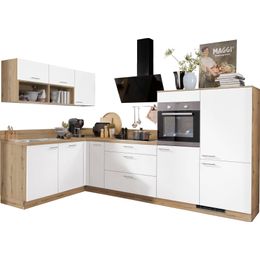 K&uuml;chenzeile KOCHSTATION "KS-Scafa, mit h&ouml;henverstellbaren F&uuml;&szlig;en", wei&szlig; (k&uuml;che: wei&szlig;, korpus: asteiche nachbildung, arbeitsplatte: asteiche nachbildung), B:305cm T:60cm, Komplettk&uuml;chen-Sets, K&uuml;chenzeile, vormontiert, wahlweise mit E-Ger&auml;ten, Stellbreite 305 x 185 cm