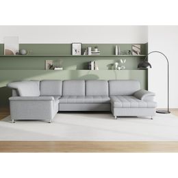 Wohnlandschaft DOMO collection "FRANZI 344x206x81 cm, elegant, komfortabel", silber, Sofas, B/H/T: 344cm x 81cm x 206cm, Struktur grob, Recamiere rechts, ohne Funktion, Flachgewebe (100% Polyester);Chenille (100% Polyester), Wohnlandschaft, U-Form, Recamiere rechts, silber, B/T: 344/206 cm, B:344cm H:81cm T:206cm