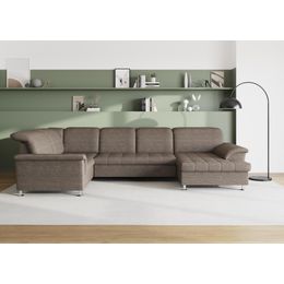 Wohnlandschaft DOMO collection "FRANZI 344x206x81 cm, elegant, komfortabel", beige (beige, braun), Sofas, B/H/T: 344cm x 81cm x 206cm, Struktur grob, Recamiere rechts, ohne Funktion, Flachgewebe (100% Polyester);Chenille (100% Polyester), Wohnlandschaft, U-Form, Recamiere rechts, beige-braun, B/T: 344/206 cm, B:344cm H:81cm T:206cm