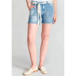 Shorts Le Temps Des Cerises "BLOOM", Damen, Gr. 30, EURO-Gr&ouml;&szlig;en, blau, 98% Baumwolle, 2% Elasthan, unifarben, kurz, Hosen Shorts, mit stylischem Bindeg&uuml;rtel
