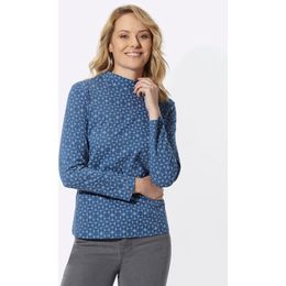 Stehkragenshirt Classic Basics "Langarm-Shirt", Damen, Gr. 38, blau (jeansblau, bleu, bedruckt), 100% Baumwolle, gemustert, mehrfarbig, Shirts Stehkragenshirt
