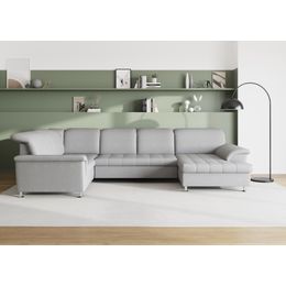 Wohnlandschaft DOMO collection "FRANZI 344x206x81 cm, elegant, komfortabel", silber, Sofas, B/H/T: 344cm x 81cm x 206cm, Webstoff fein, Recamiere rechts, ohne Funktion, Flachgewebe (100% Polyester);Chenille (100% Polyester), Wohnlandschaft, U-Form, Recamiere rechts, silber, B/T: 344/206 cm, B:344cm H:81cm T:206cm