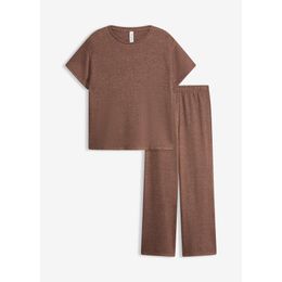 bonprix Hausanzug aus weichem Strukturstoff, braun, Gr.48/50 (XL), Gem&uuml;tlicher Hausanzug mit einem locker geschnittenen Kurzarmshirt und einer modernen weiten Hose, 50% Baumwolle