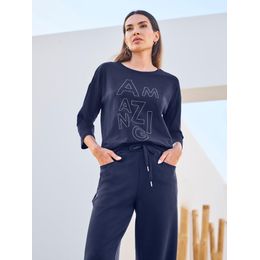 3/4-Arm-Shirt Heine "Shirt", Damen, Gr. 46, schwarz (marine), 95% Baumwolle, 5% Elasthan, unifarben, Rundhals, Shirts 3/4-Arm-Shirt