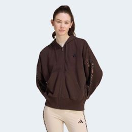 Kapuzensweatshirt adidas Sportswear "SEASONAL ESSENTIALS 3-STREIFEN, ANIMALPRINT", Damen, Gr. L, aurora coffee, multicolor, preloved braun, Obermaterial: 55% Baumwolle, 36% Polyester, 9% Viskose, normal, Rundhals, angesetztes B&uuml;ndchen, Sweatshirts