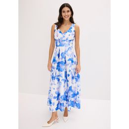 bonprix Maxikleid aus gl&auml;nzendem Satin, blau, Gr.42, Modern und feminin: Maxikleid mit Taillen-Einsatz und Falten-Rock aus gl&auml;nzendem Satin mit floralem Print