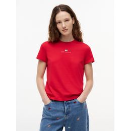 Kurzarmshirt Tommy Jeans "TJW REG US LINEAR SS TEE", Damen, Gr. L (42/44), amaryllis rot, Single Jersey, Obermaterial: 70% Baumwolle, 30% Viskose, bedruckt, regular fit normal, Rundhals, Shirts, Baumwollmischung, regular fit, Logo