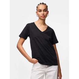 Kurzarmshirt Pieces "PCRIA SS V-NECK SOLID TEE JRS NOOS BC", Damen, Gr. L, schwarz, Jersey, Obermaterial: 100% Baumwolle, unifarben, regular fit normal, V-Ausschnitt, Shirts, Baumwolle, regular fit