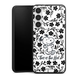 DeinDesign Galaxy S23+ Handy Premium Silikon H&uuml;lle Handyh&uuml;lle schwarz Case Peanuts Flowers Snoopy Silikon Premium Case