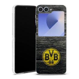 DeinDesign Galaxy Z Flip 6 Handy Hard Case Schutzh&uuml;lle transparent Smartphone Handy H&uuml;lle Bvb Wooden Look Borussia Dortmund Hard Case