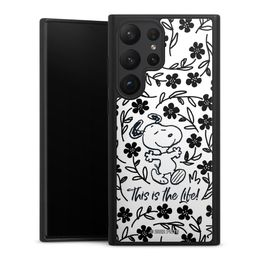 DeinDesign Galaxy S23 Ultra Handy Gallery Case Handyh&uuml;lle 9H Geh&auml;rtetes Glas R&uuml;ckseite H&uuml;lle Peanuts Flowers Snoopy Gallery Case