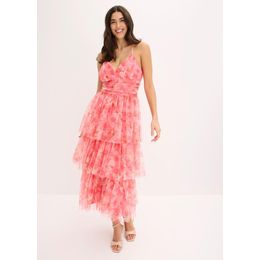bonprix Midikleid aus zartem T&uuml;ll mit Volants, pink, Gr.46, Modern und feminin: Midikleid aus feinem T&uuml;ll mit Stufen-Volants